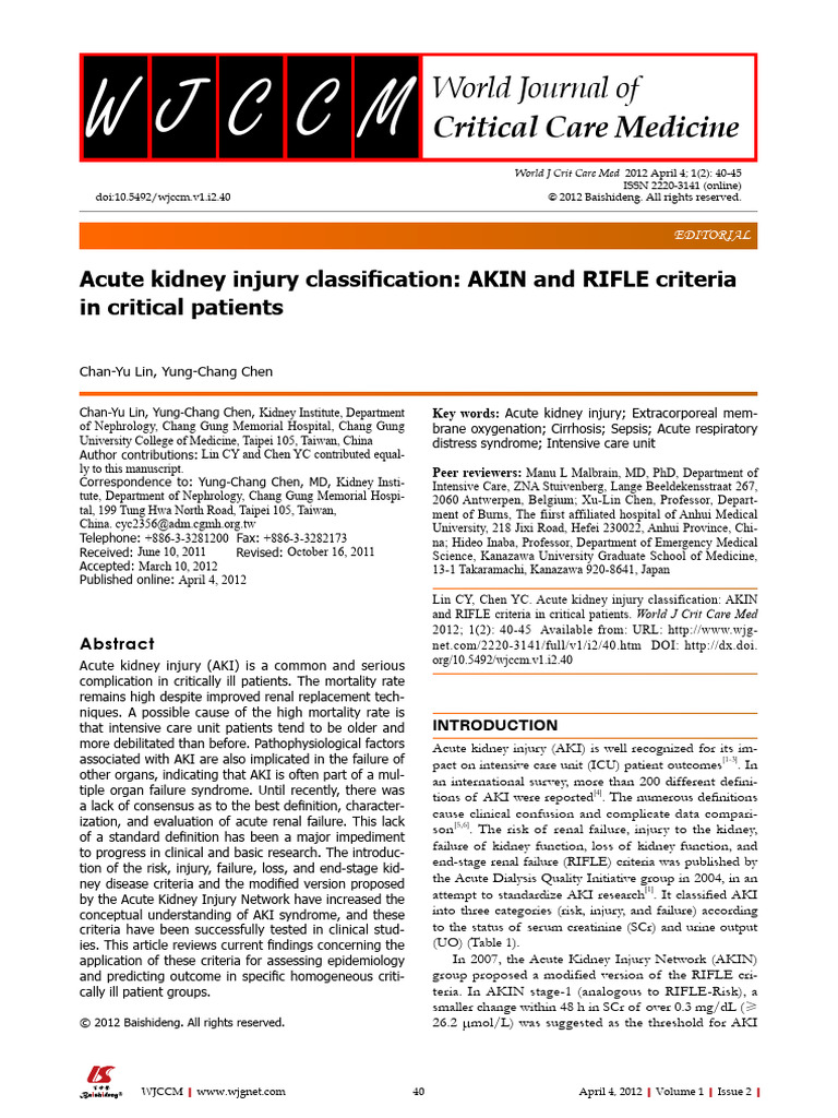AKI - Acute Kidney Injury Classification RIFLE and AKIN Criteria | PDF ...