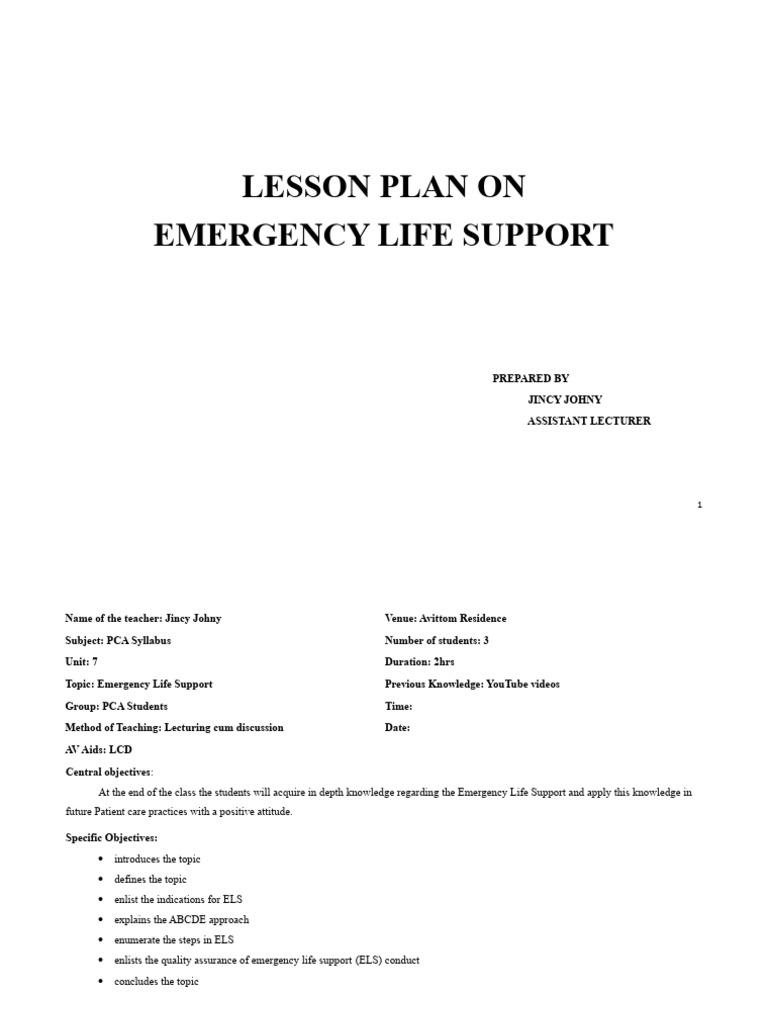 Els - Lesson Plan | PDF | Cardiopulmonary Resuscitation | Clinical Medicine