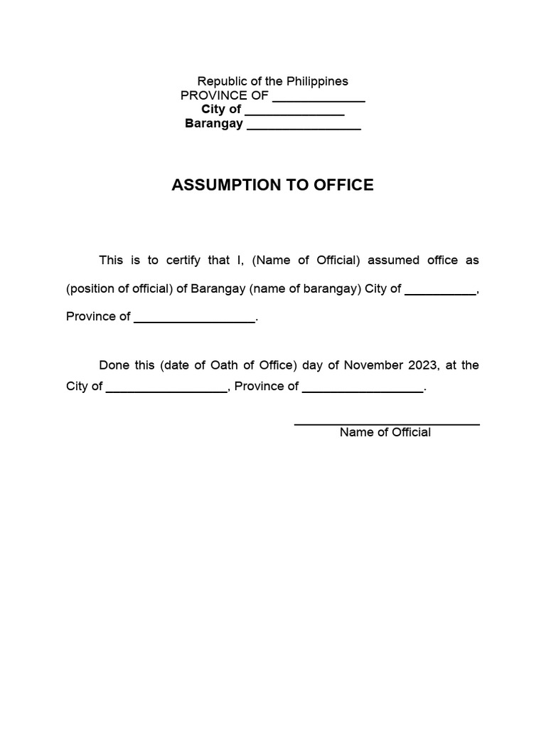Barangay Assumption to Office Certificate | PDF