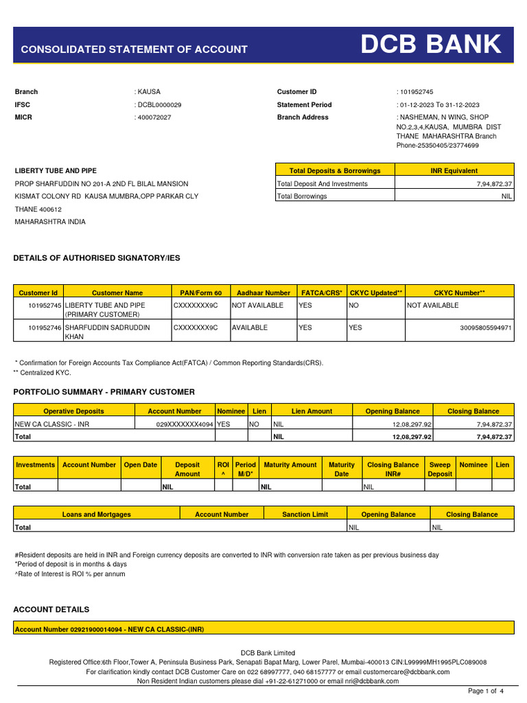DCB Bank: Consolidated Statement of Account | PDF | Banks | Deposit Account