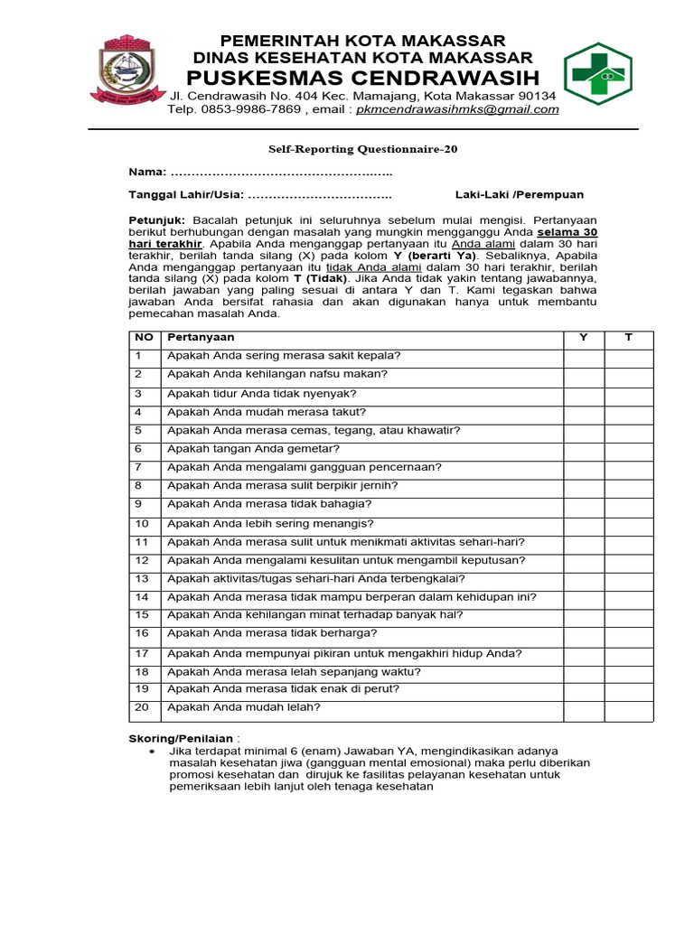 Kuesioner SRQ-20 untuk Skrining Kesehatan | PDF