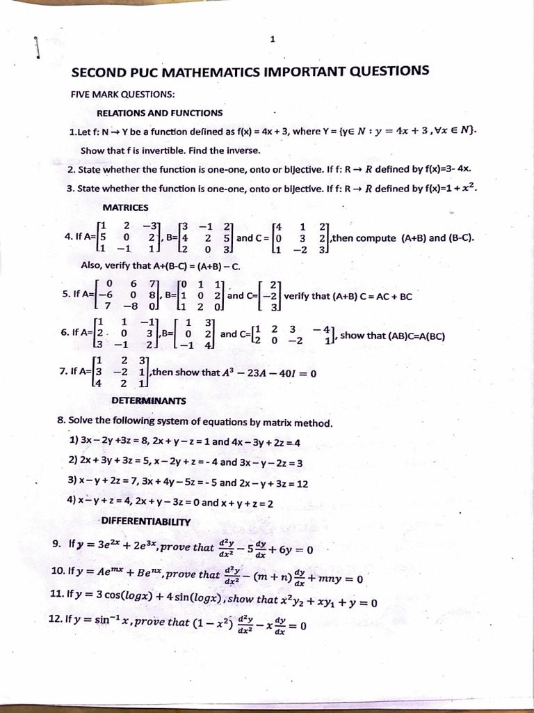Important Maths Questions for PUC | PDF | Mathematical Concepts | Geometry