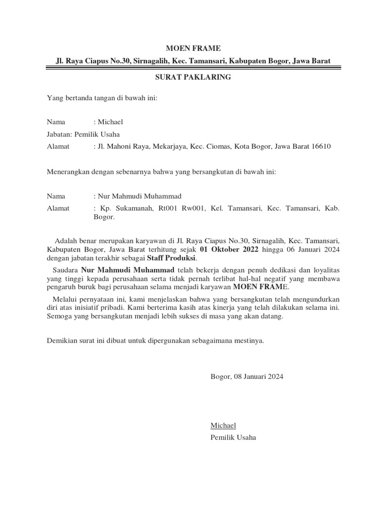 Surat Paklaring (1) (2) - 1 | PDF | Bisnis