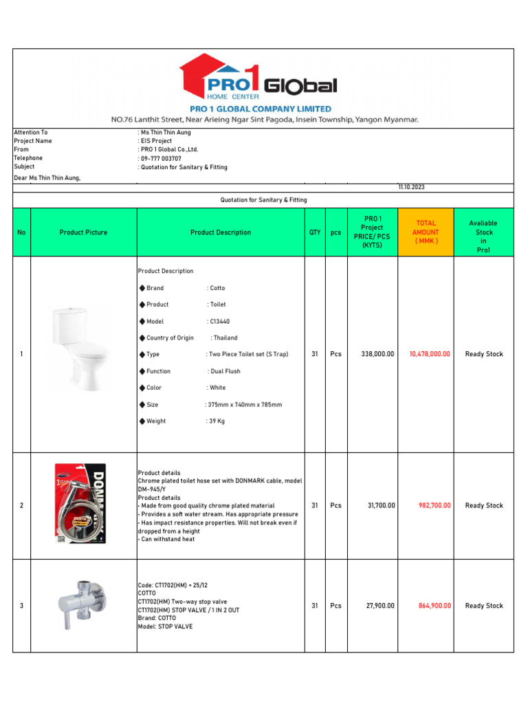 Cotto Sanitary Ware & Fitting Quotation For ELS Project2 | PDF | Tap (Valve) | Civil Engineering