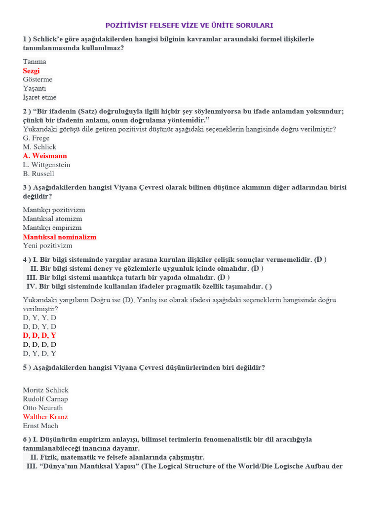 Pozitivist Felsefe VİZE VE FİNAL SORULARI PDF | PDF