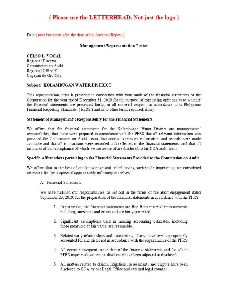 Management Representation Letter for Audit | PDF | Financial Audit ...