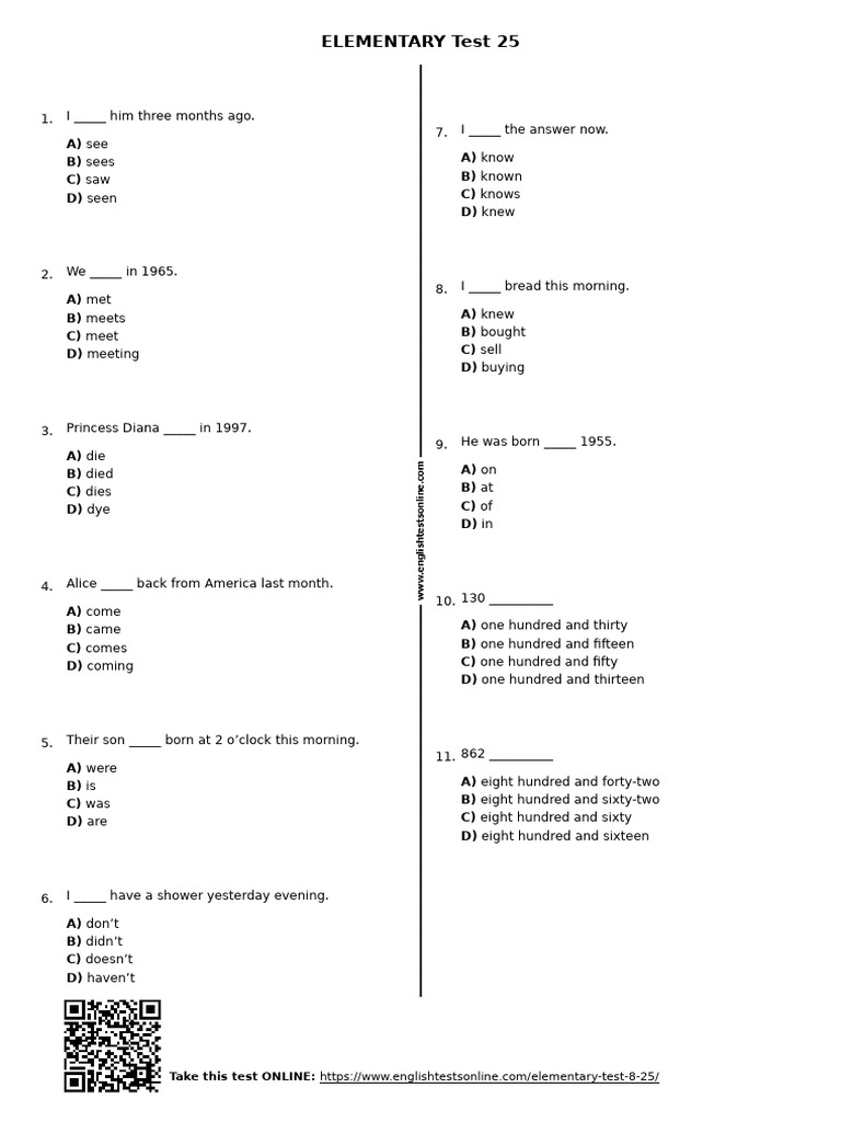 Elementary English Test 25 Answers | PDF