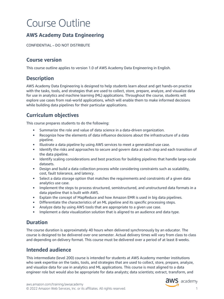 AWS Academy Data Engineering v1 Coures Outline [EN-US] 2022-11-01 | PDF | Amazon Web Services | Data