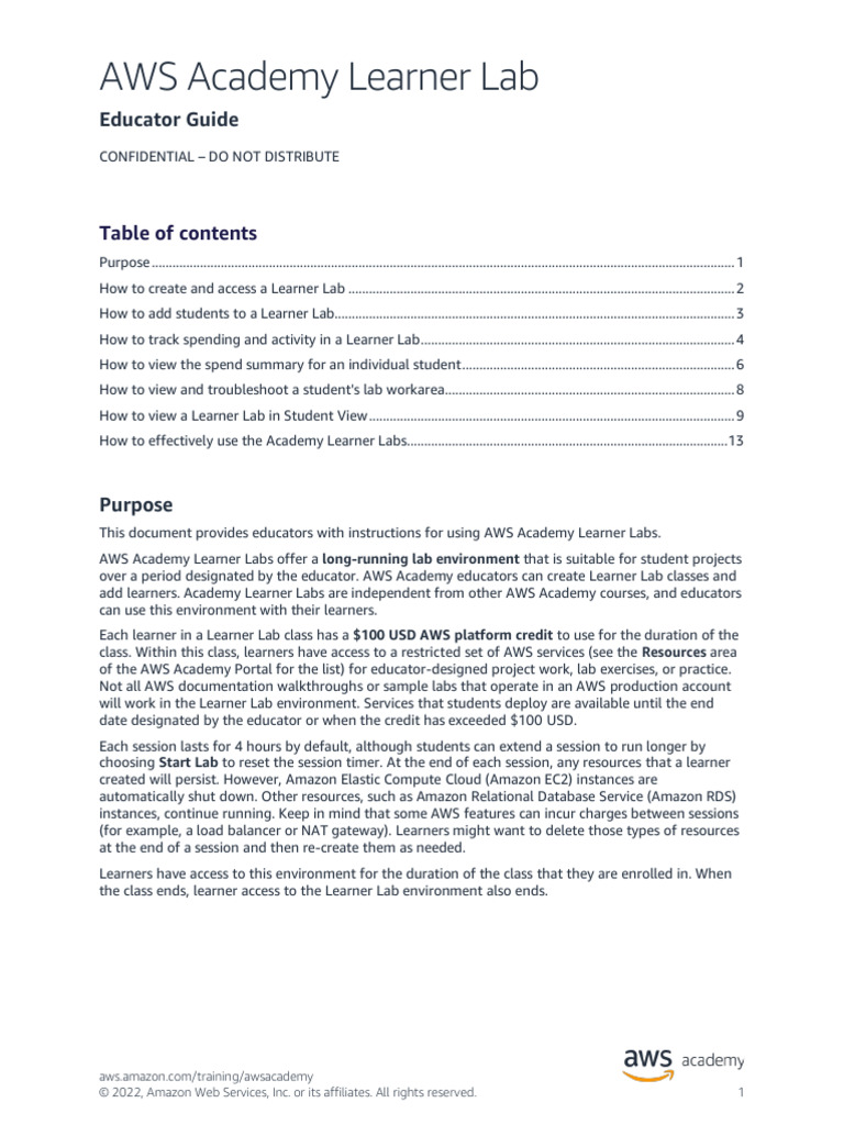 AWS Academy Learner Lab - Educator Guide - English | PDF | Amazon Web ...