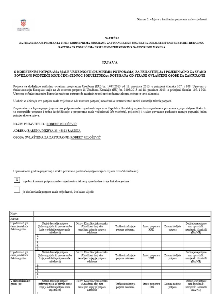 OBRAZAC 2 - Izjava o Korištenim Potporama Male Vrijednosti | PDF