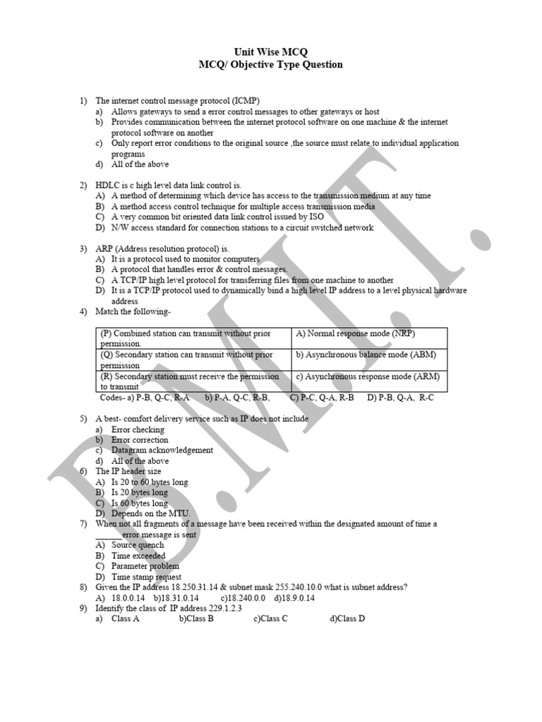 Unit Wise MCQ's | PDF | Computer Network | Internet Protocols