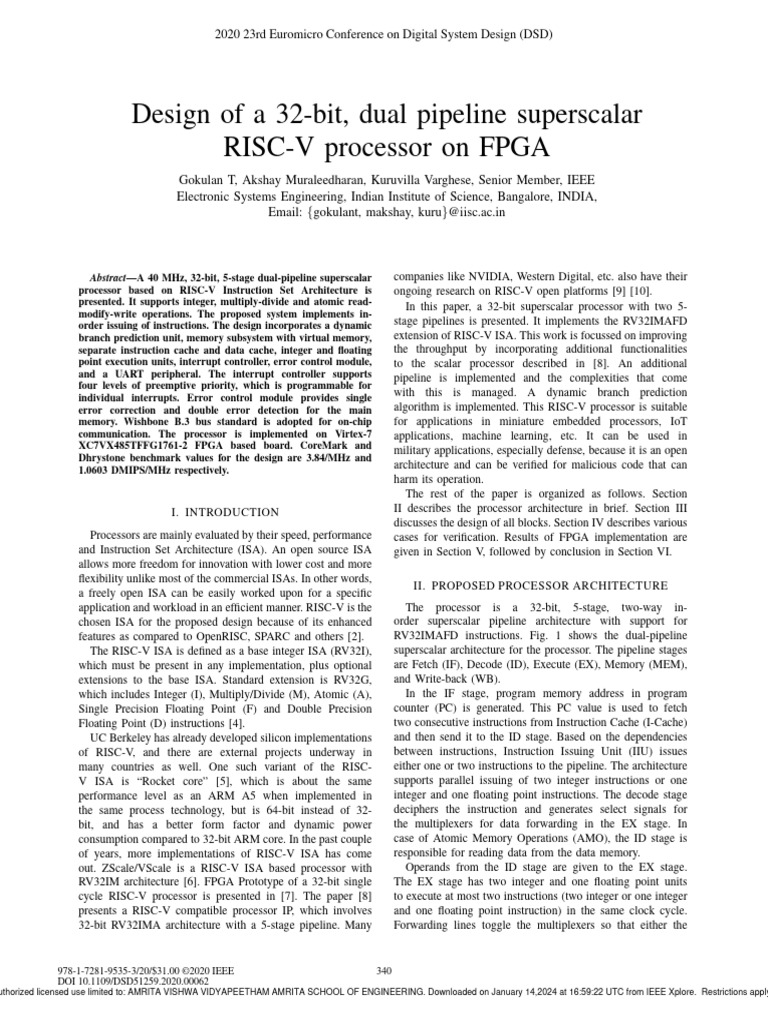 Design of A 32-Bit Dual Pipeline Superscalar RISC-V Processor On FPGA | PDF | Central Processing ...