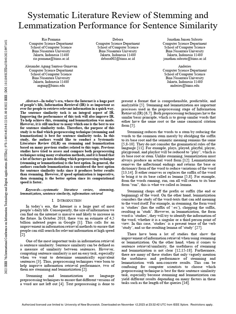 Systematic Literature Review of Stemming and Lemmatization Performance ...