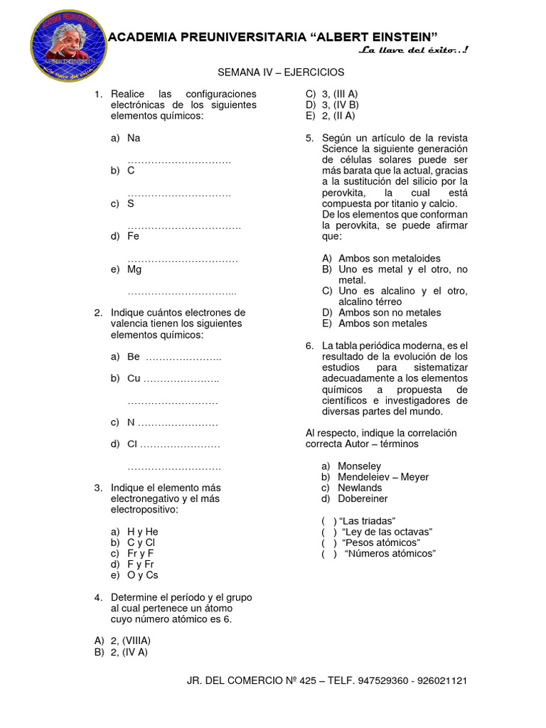 Semana IV - Química I Ejercicios Semillero - Albert Einstein | PDF ...