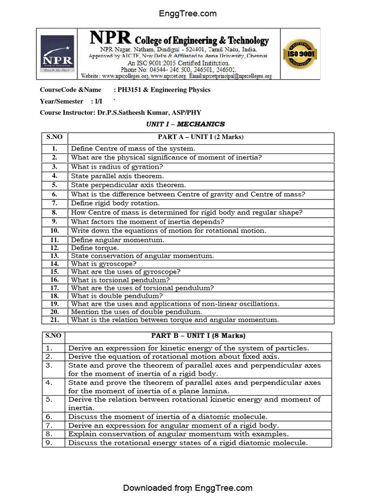 PH3151 Engineering Physics Question Bank 2 | PDF | Rotation Around A ...