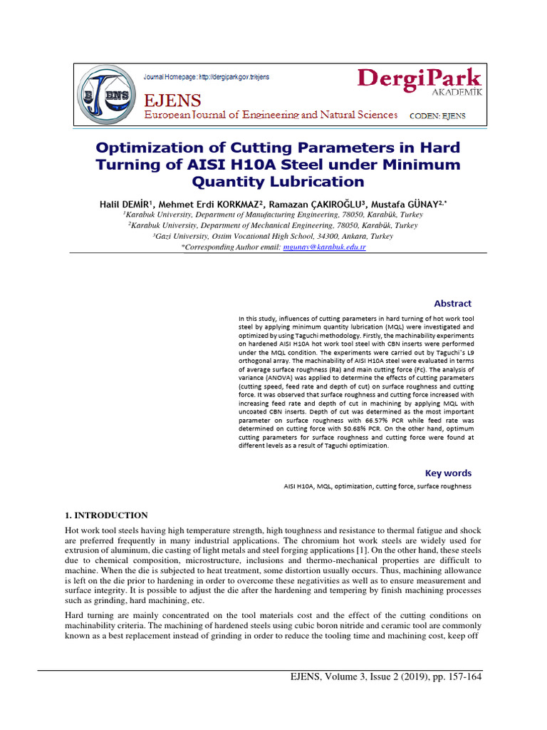 Optimization of Cutting Parameters in Hard Turning of AISI H10A Steel Under Minimum Quantity ...