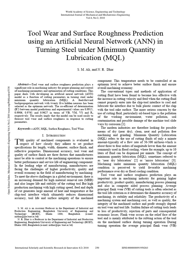Tool Wear And Surface Roughness Prediction Using An Artificial Neural Network Ann In Turning