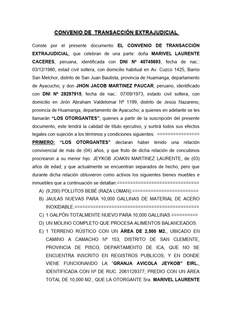 Convenio de Transaccion Marivel Laurente Final | PDF | Derecho privado | Instituciones sociales