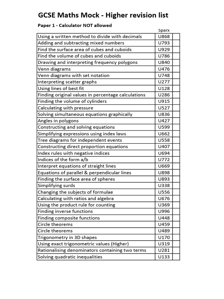 GCSE Higher Maths Mock Revision List | PDF | Area | Trigonometric Functions