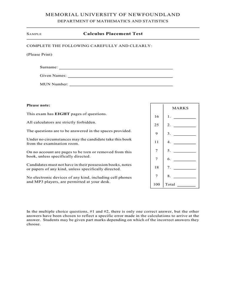 Calculus Placement Test Sample Exam | PDF | Analysis | Mathematical ...