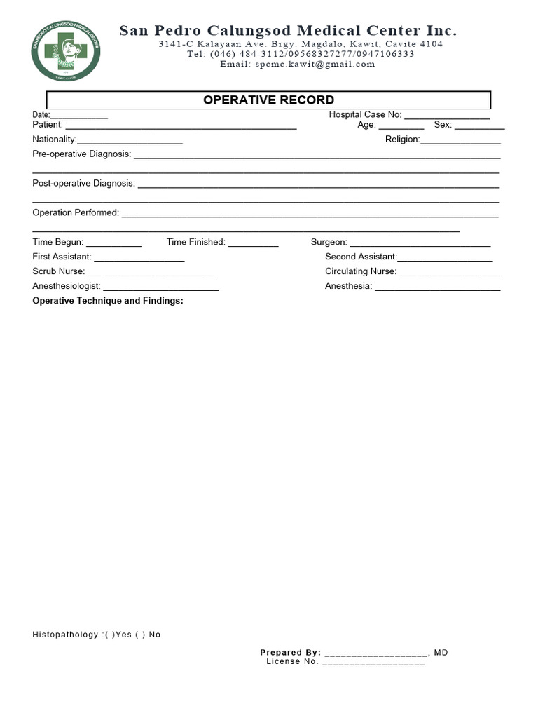 Surgical Operative Record Template | PDF