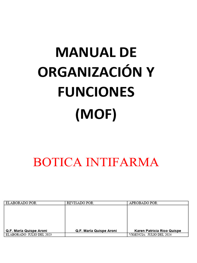 Mof - Manual de Organizacion y Funciones Botica Intifarma | PDF | Farmacia | Farmacéutico