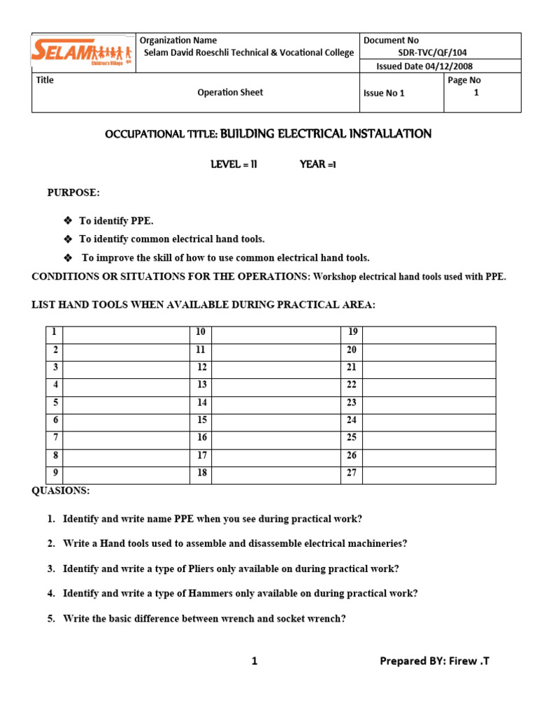 operation sheet 1 | PDF | Electrical Wiring | Personal Protective Equipment