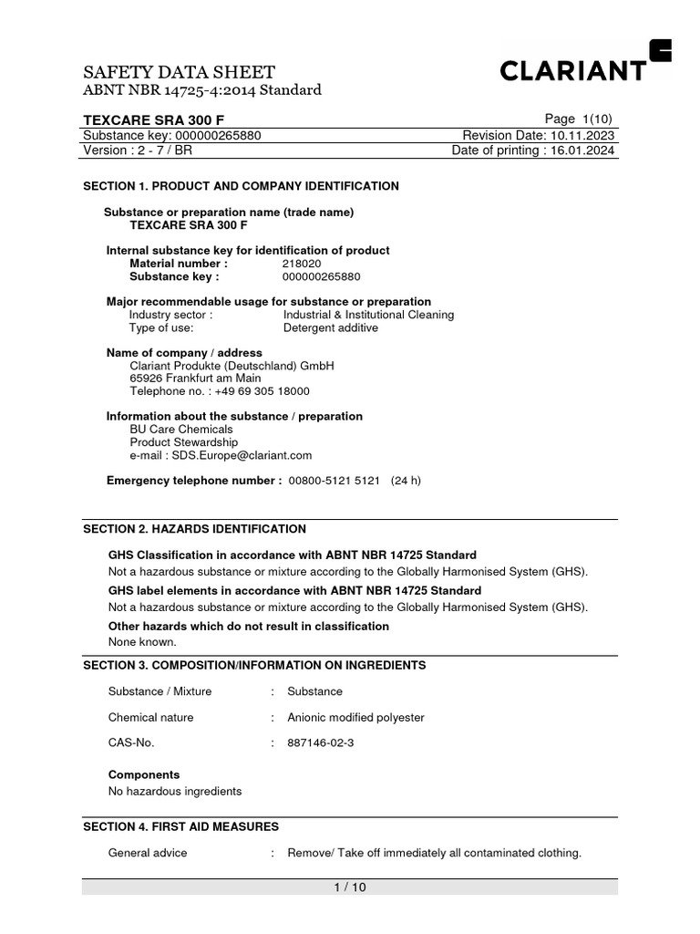 Clariant SDS TEXCARE SRA 300 F Brazil English | PDF | Safety | Chemistry