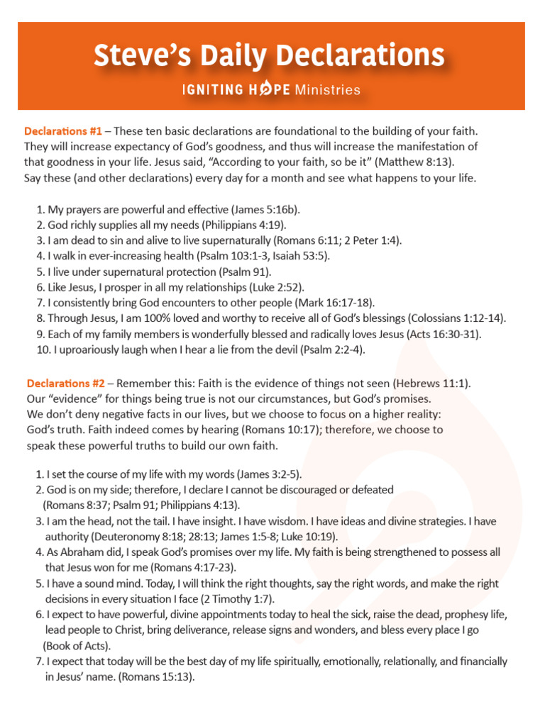 Steves Daily Declarations | PDF | Jesus | Gospel Of Mark
