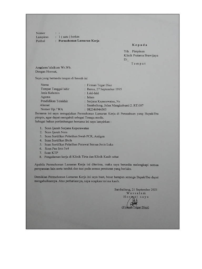 Lamaran Kerja Firman Tegar Diaz KLinik Brawijaya | PDF