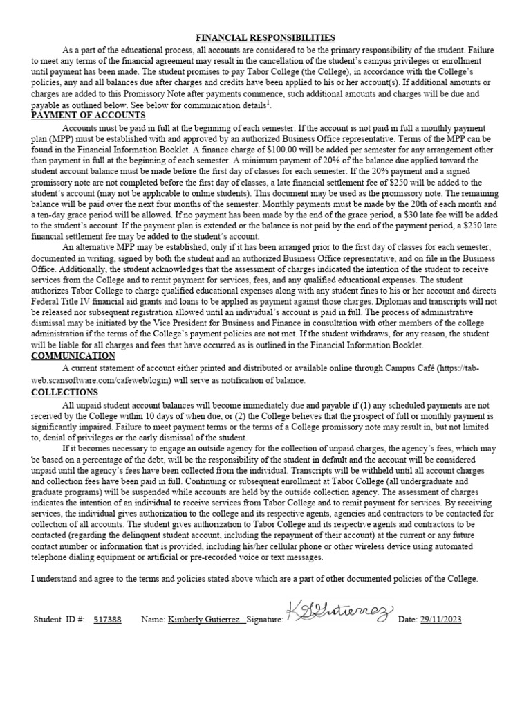 FINANCIAL RESPONSIBILITIES Promissory Note - Tabor Online | PDF | Fee ...