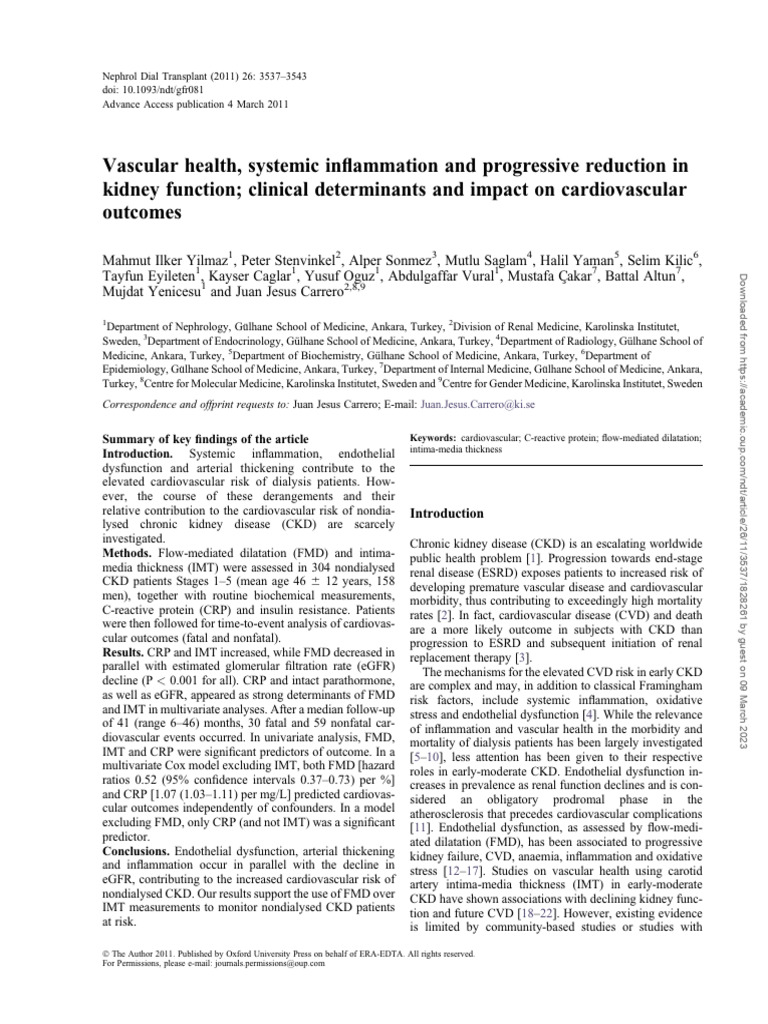 Vascular Health, Systemic Inflammation and Progressive Reduction in Kidney Function Clinical ...