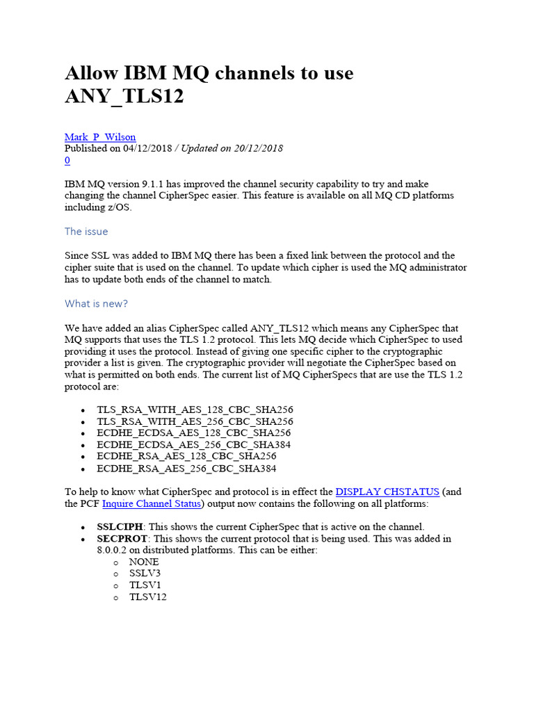 Allow IBM MQ Channels To Use ANY - TLS12 | PDF | Transport Layer Security | Software