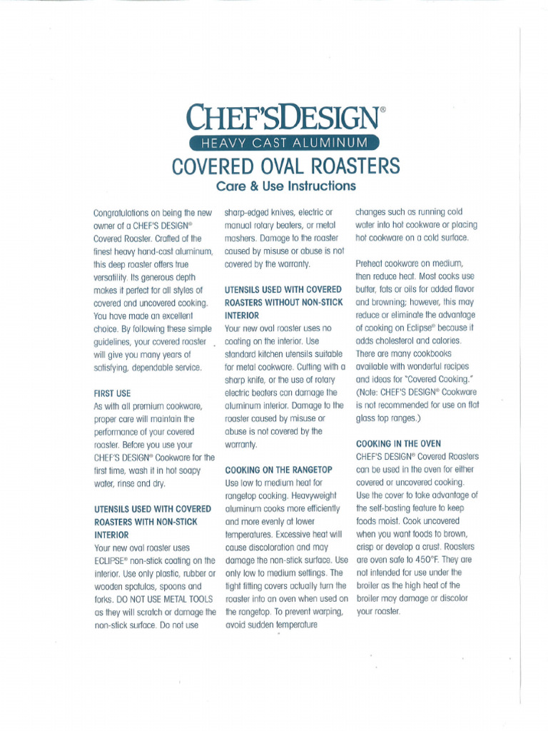Chefsdesign Covered Roaster Instructions | PDF