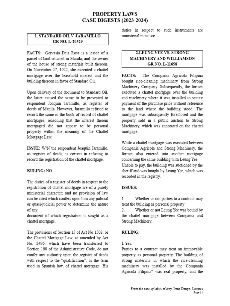 Property Law Case Digests 2023-2024 | PDF | Mortgage Law | Property Tax