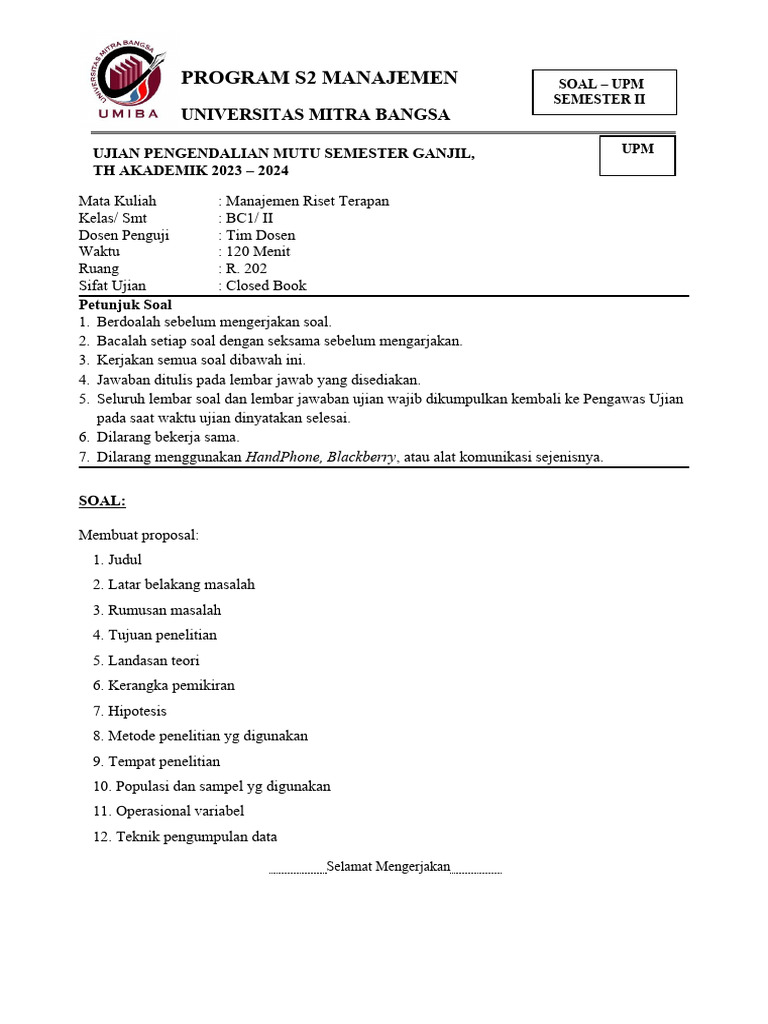 Soal Upm Ganjil 2023-2024 Semester 2 Manajemen Riset Terapan | PDF