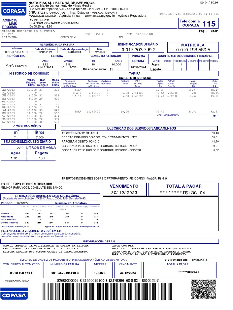 Copasa 2via Conta 123793961608 0 | PDF | Hidrologia | Água e meio ambiente