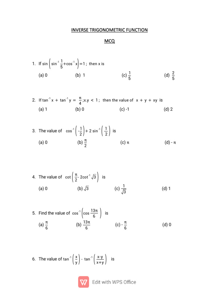 Inverse Trigonometric Functions | PDF | Trigonometry | Trigonometric ...