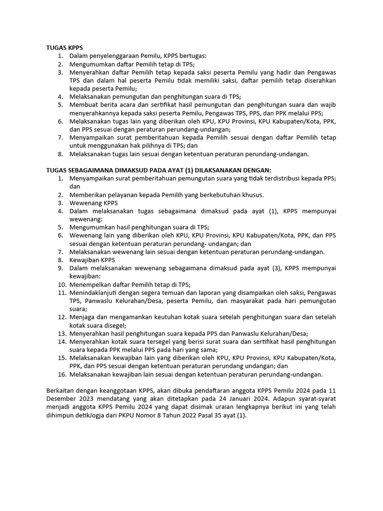 Tugas Dan Persyaratan KPPS | PDF | Hukum