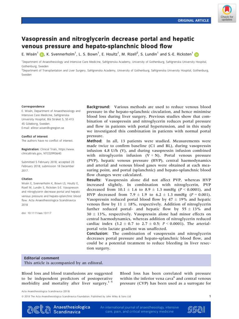 Vasopressin and Nitroglycerin Decrease Portal and Hepatic Venous Pressure and Hepato-Splanchnic ...