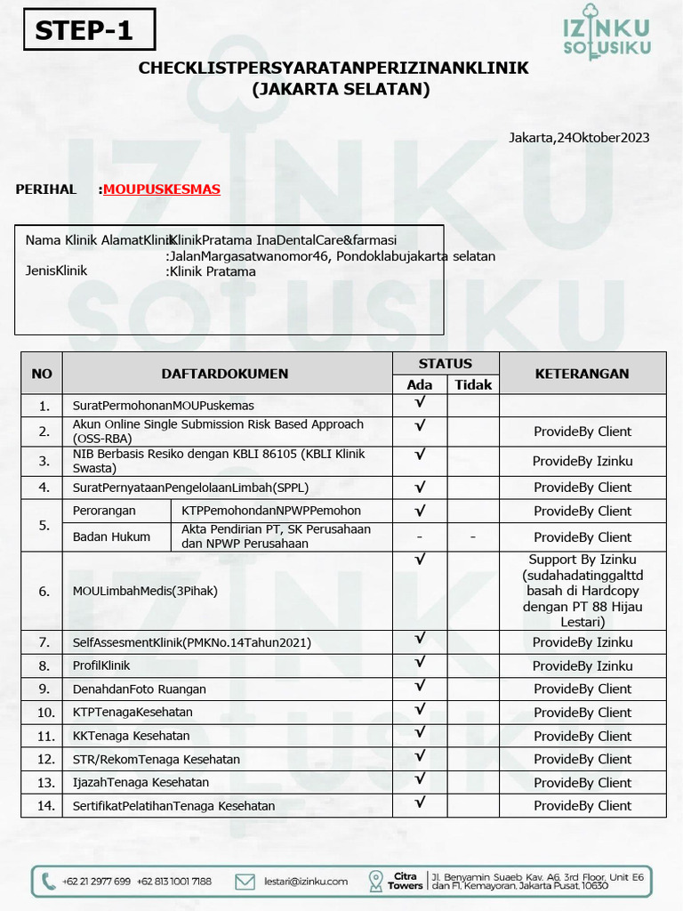 10 Jan 24 - Checklist Persyaratan Izin Klinik Kota Jakarta Selatan. | PDF