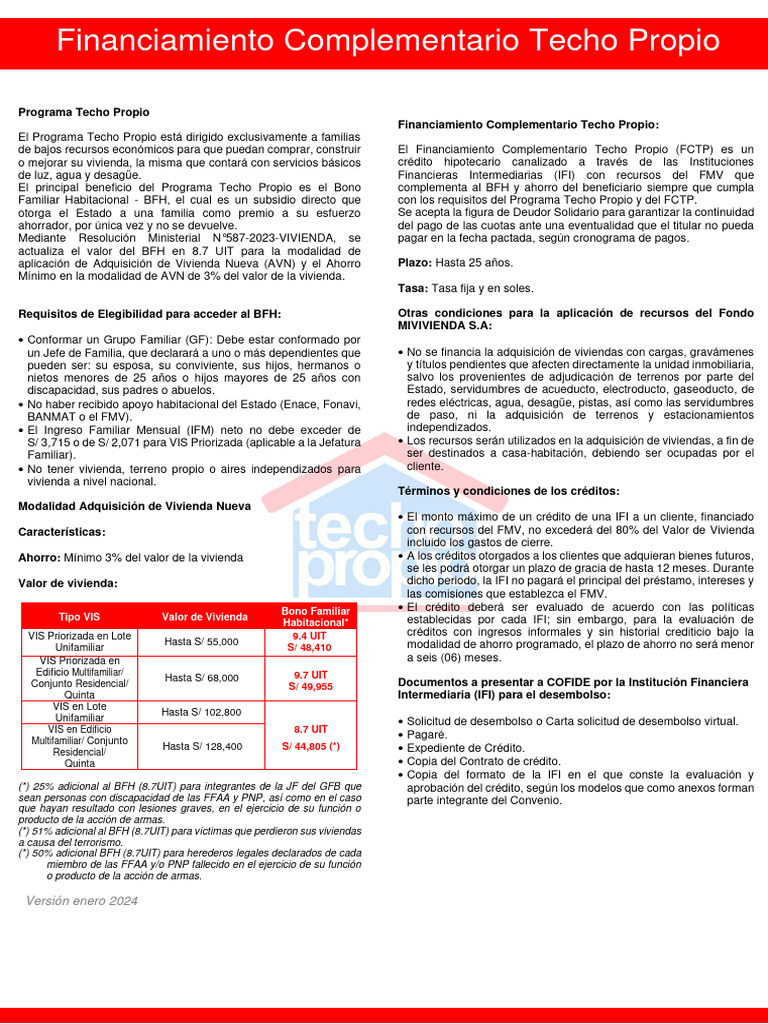 Financiamiento Complementario Techo Propio: Tipo VIS Valor de Vivienda Bono Familiar ...