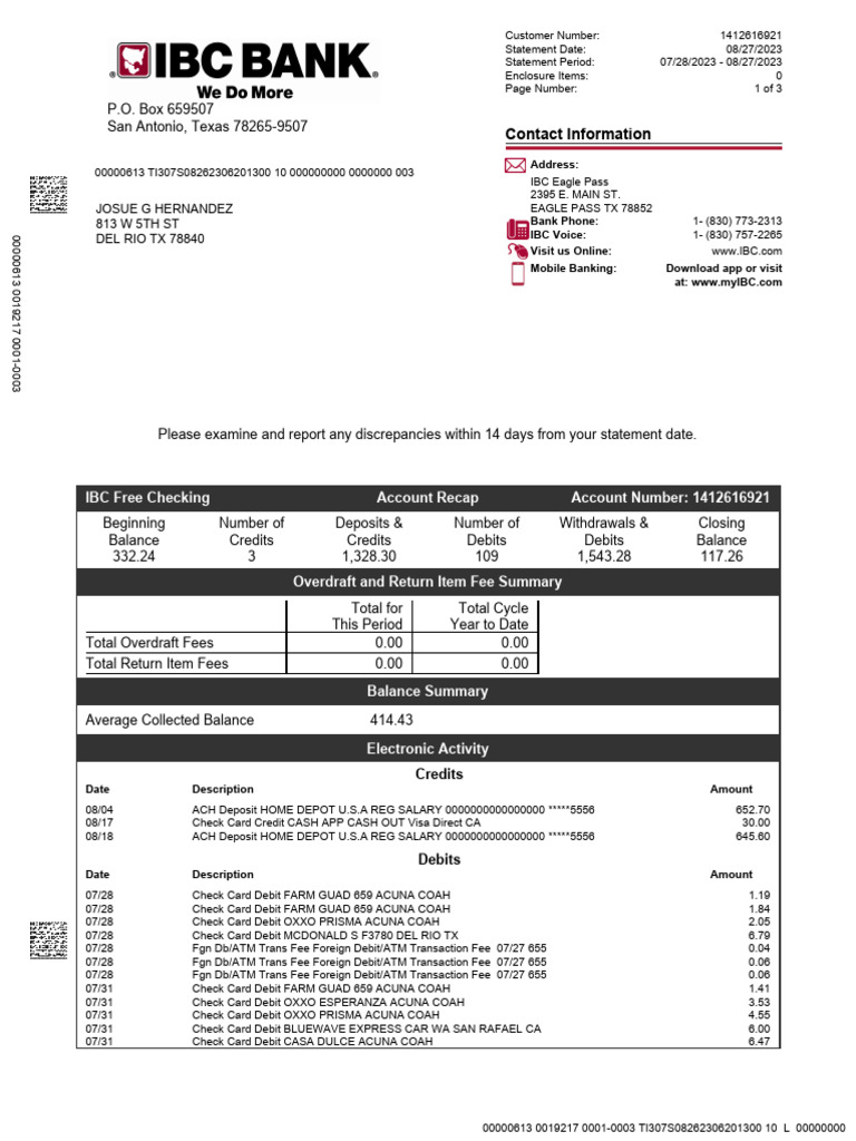 IBC Bank Statement: July-Aug 2023 | PDF | Debit Card | Credit Card