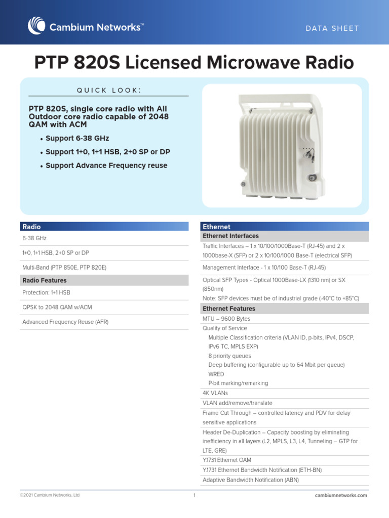 Cambium Networks Data Sheet PTP 820S | PDF | Computer Engineering ...