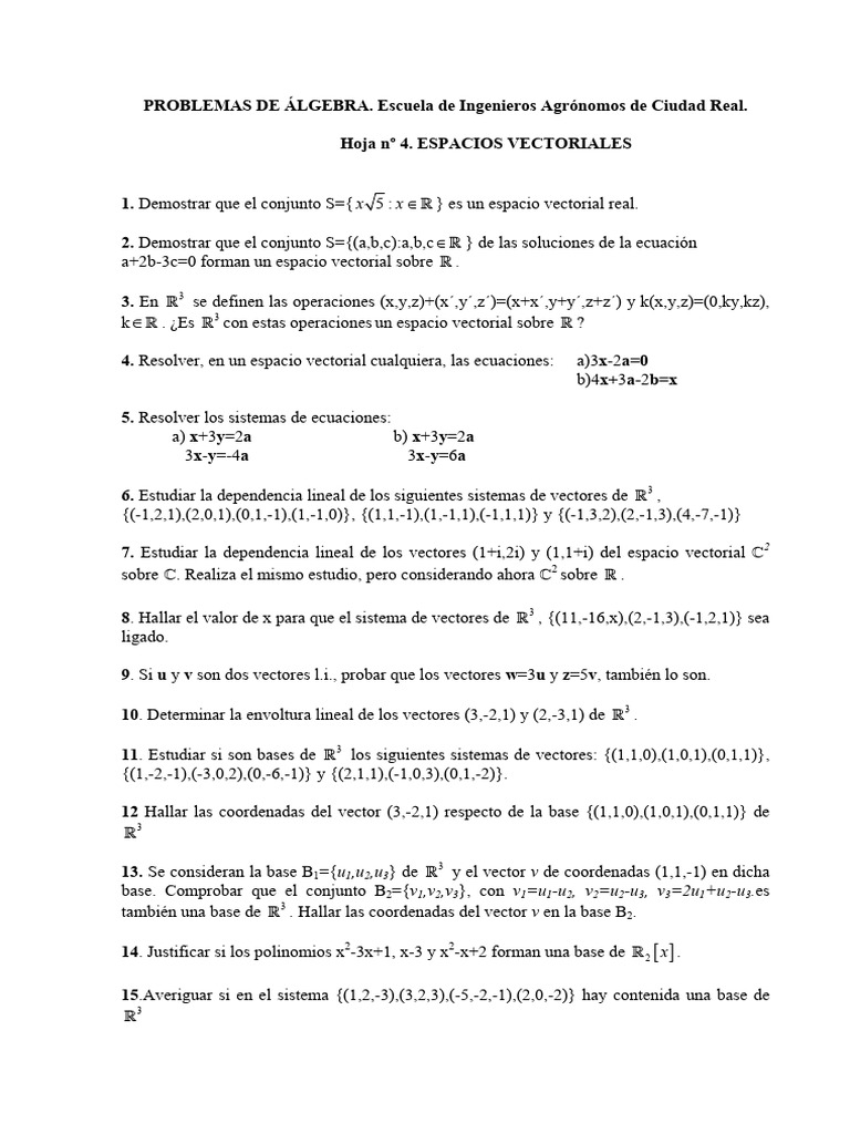 Hoja de Problemas Espacios Vectoriales. Tema 4 | PDF | Espacio vectorial | Vector Euclidiano