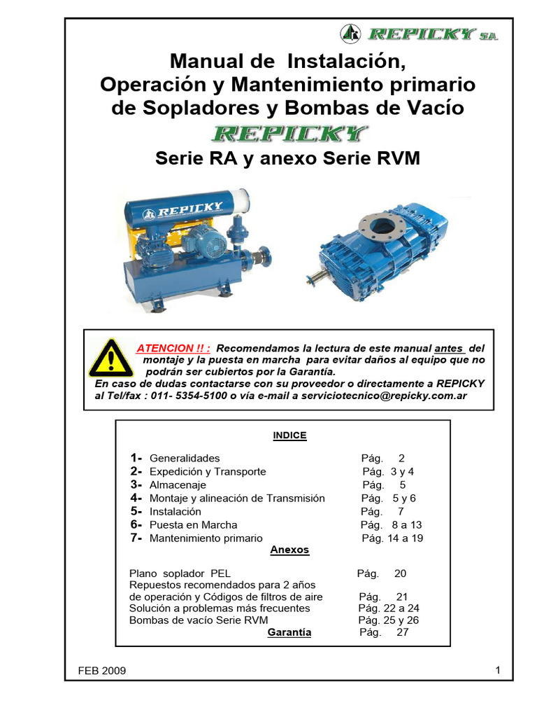 Manual de Instalación, Operación y Mantenimiento Primario de Sopladores y Bombas de Vacío | PDF ...