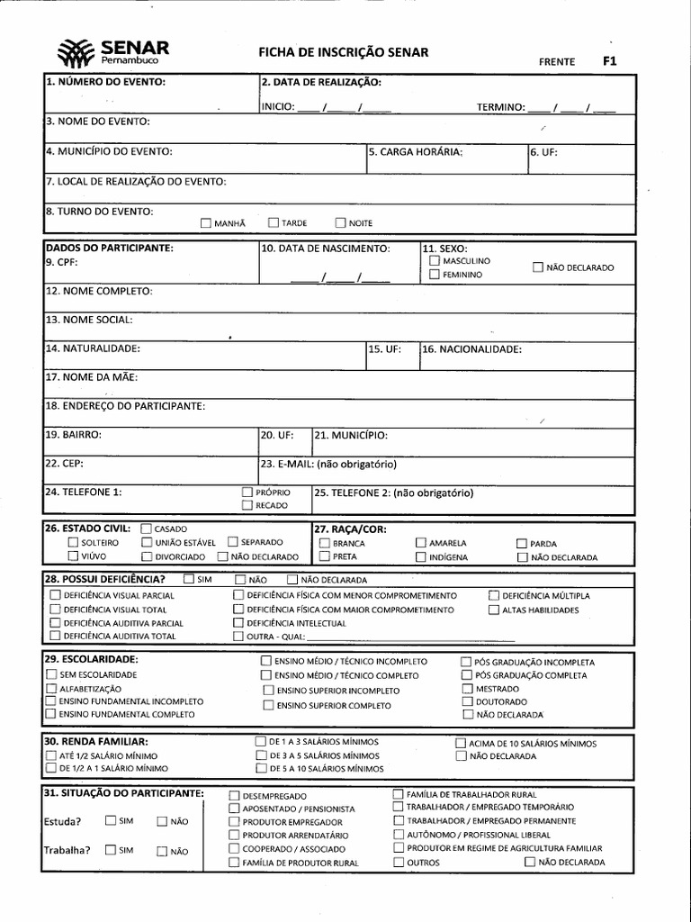 Ficha de Inscricao Senar | PDF