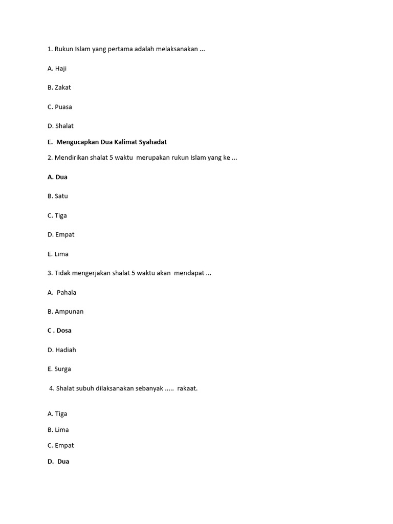 Soal Tentang Shalat, Rukun Iman, Dan Rukun Islam | PDF
