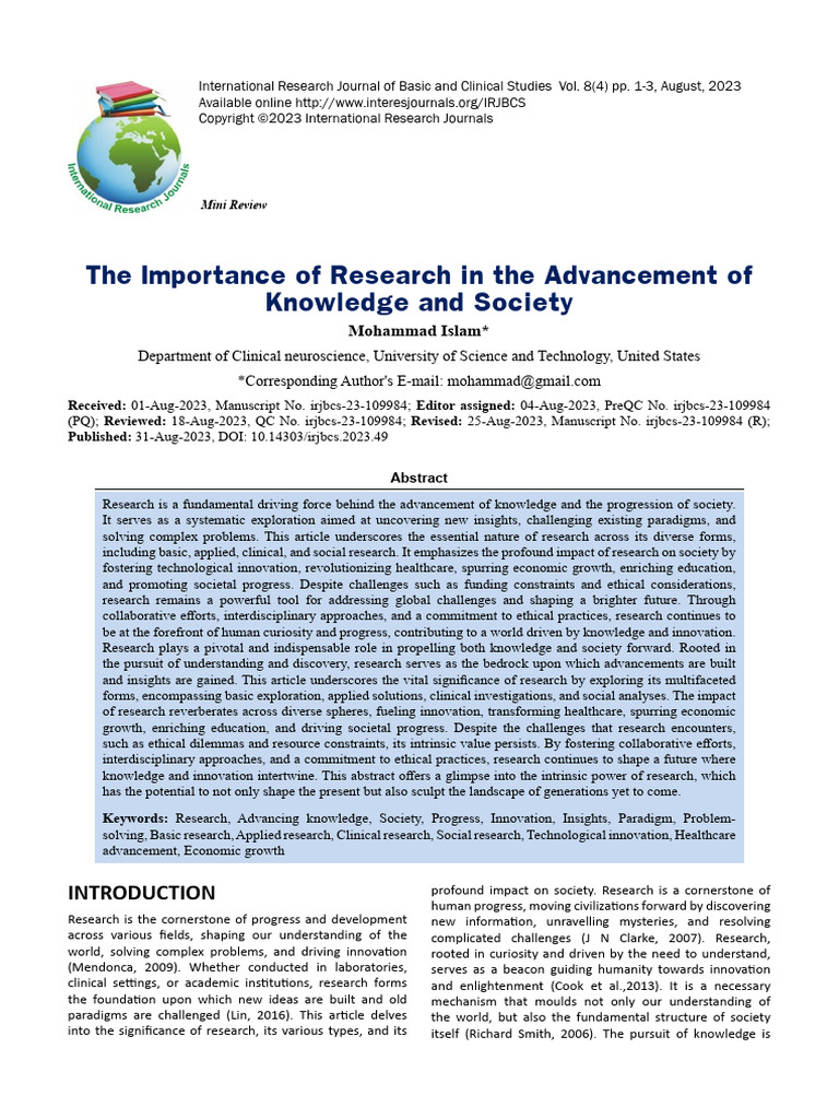 The Importance of Research in The Advancement of Knowledge and Society ...
