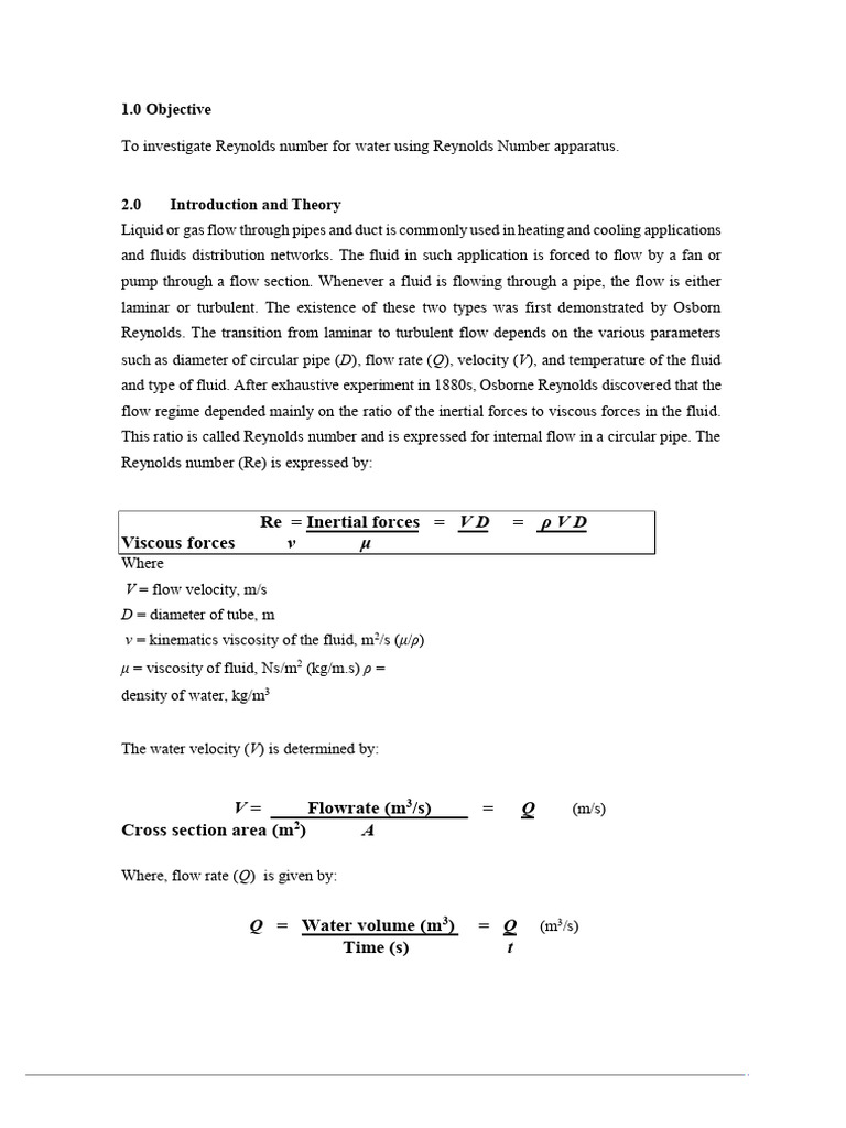 Reynolds Number Laboratory Report - Compress | PDF | Reynolds Number | Laminar Flow
